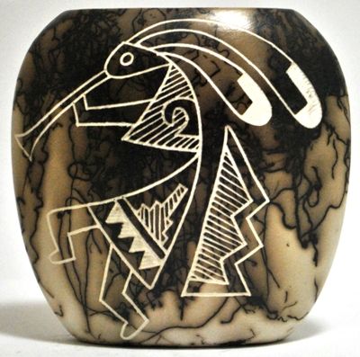 Acoma Pueblo Fish & Kokopelli Etched Horsehair Pottery - Gary Yellow ...