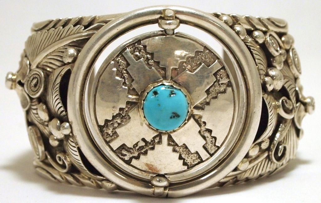 Old Pawn Navajo Turquoise Sterling Silver Spinner Watch Cuff Bracelet - LN