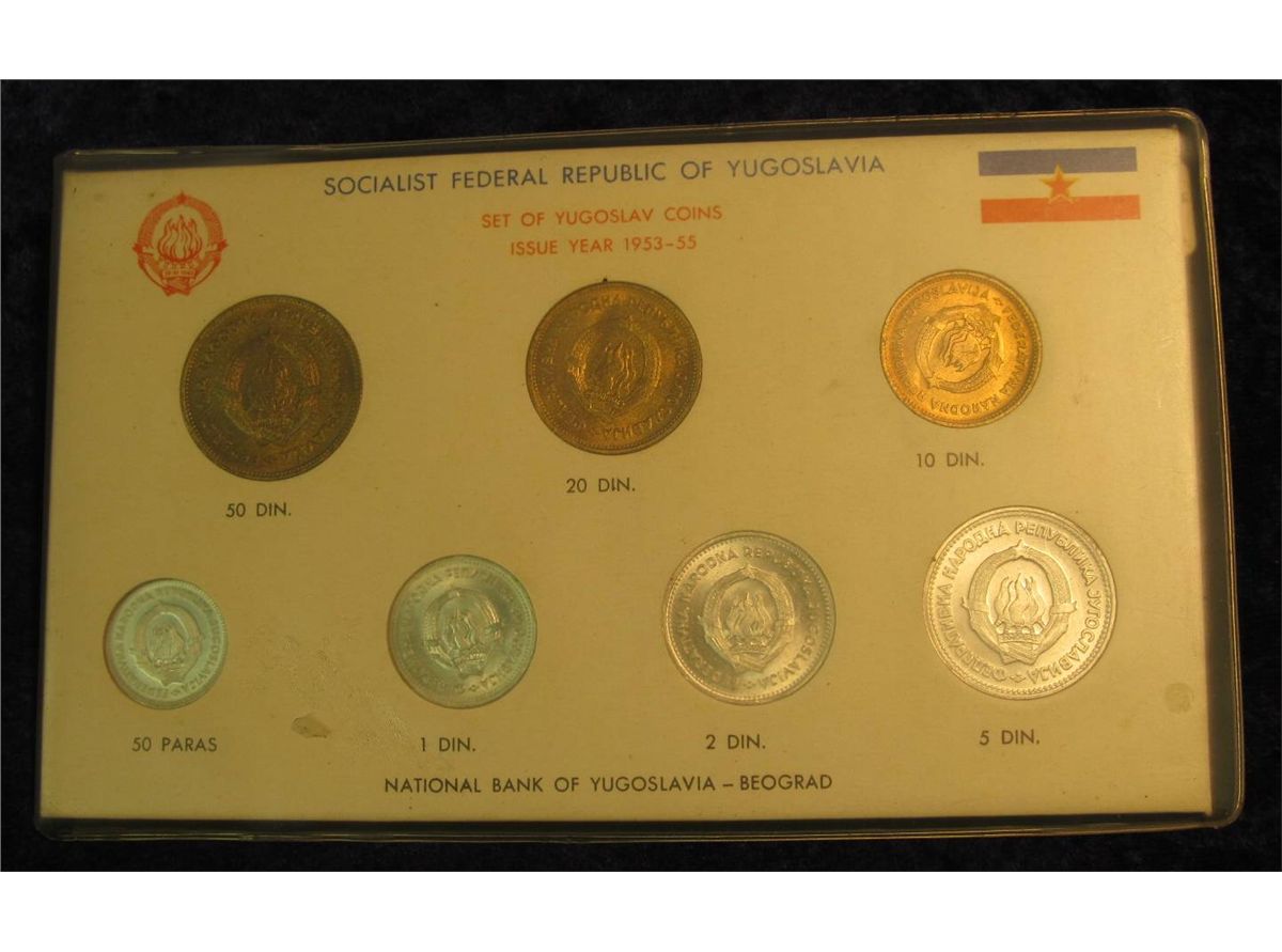 1586. 1953-55 Yugoslavia 7-coin Set in heavy card stock holder. All BU.