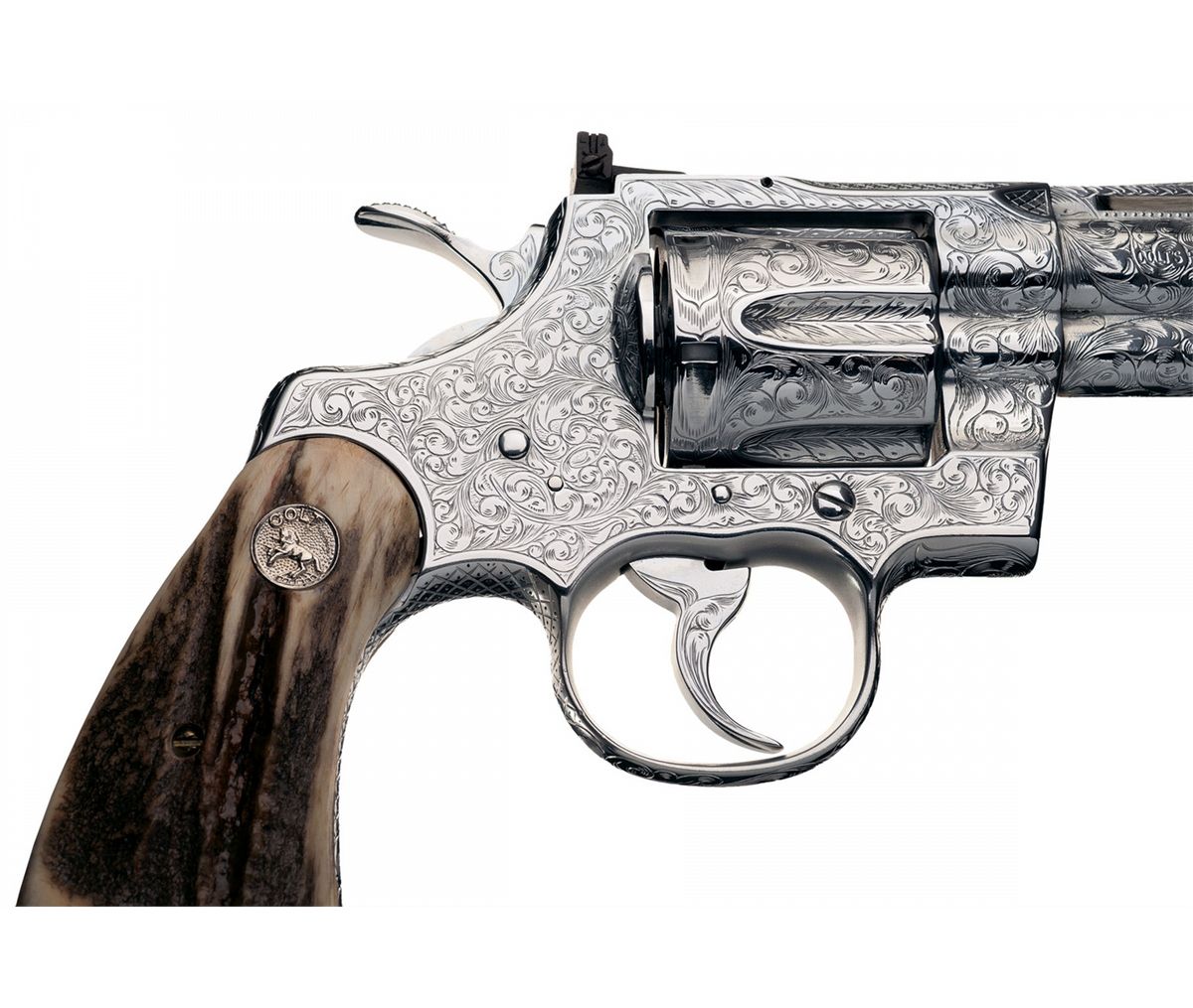 Engraved Colt Python Double Action Revolver with Stag Grips