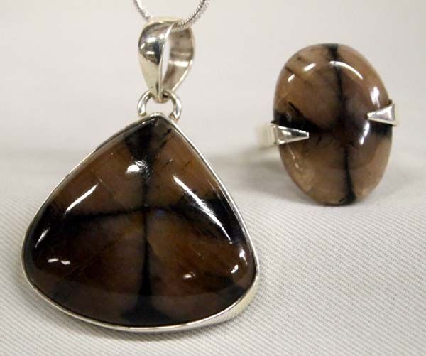 Sterling Silver Chiastolite Ring and Pendant Set