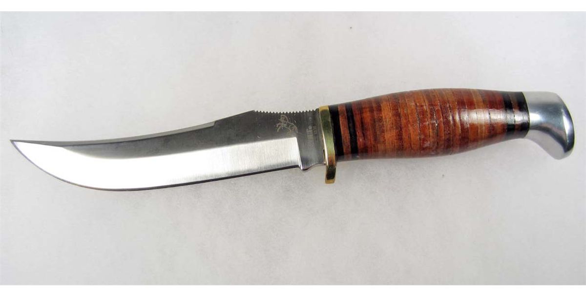 COLT CLIP POINT HUNTING KNIFE W/ STACKED LEATHER HANDLE AND SHEATH