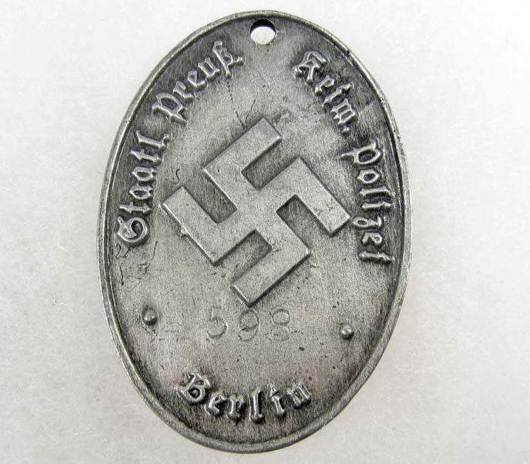 GERMAN NAZI PRUSSIAN SECRET STATE POLICE IDENTIFICATION TAG