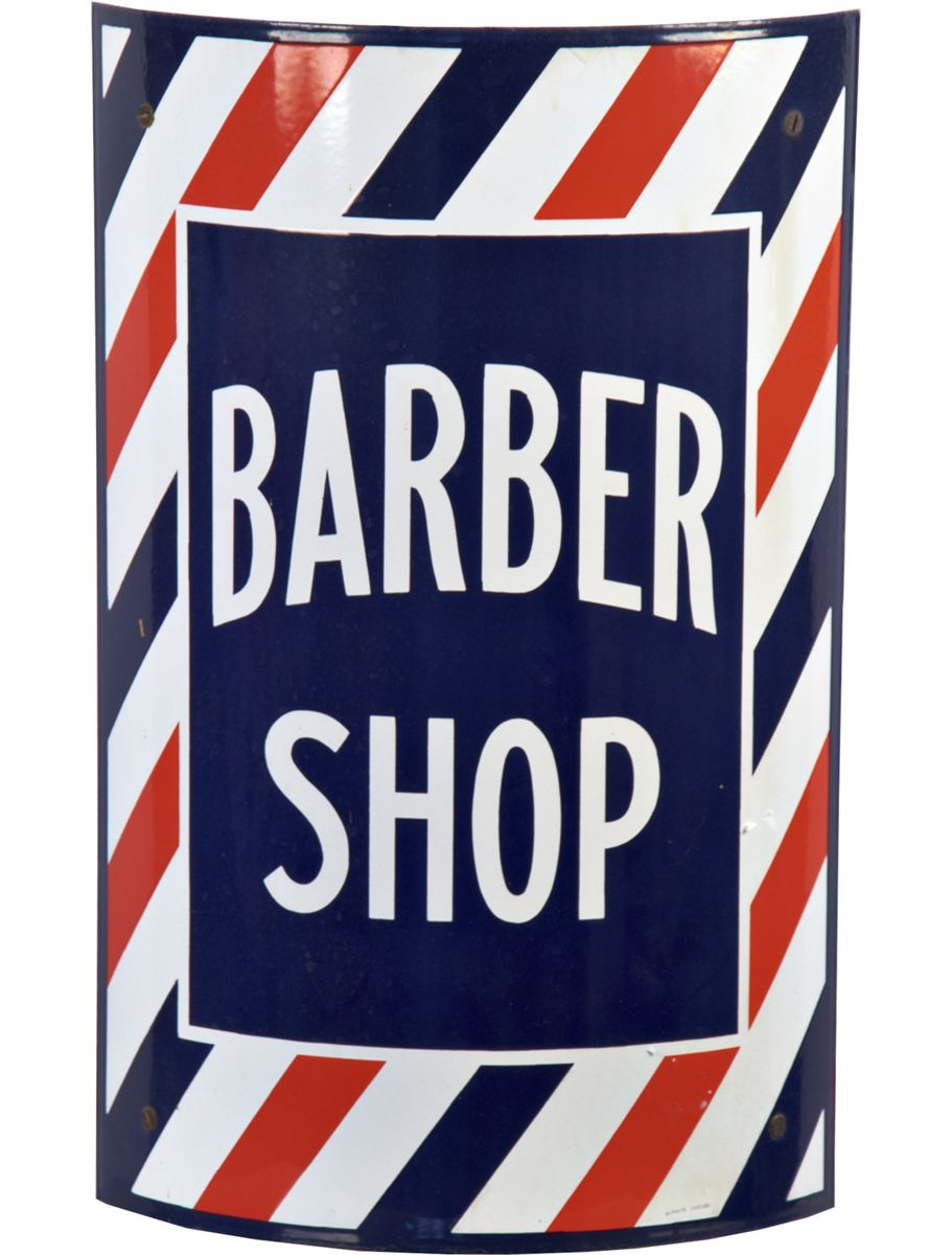 Curved Porcelain Barber Shop Sign w/ Metal Brackets