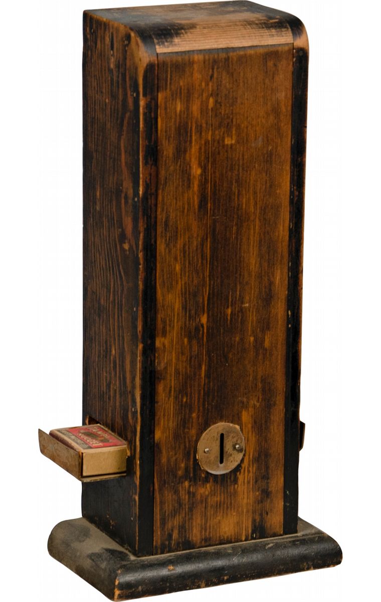 Early Coin-Op Wooden Countertop Matchbox Dispenser