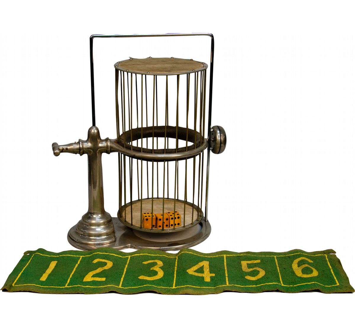 Chuck-A-Luck Game Cage w/ 3 Dice and Green Felt Numbere