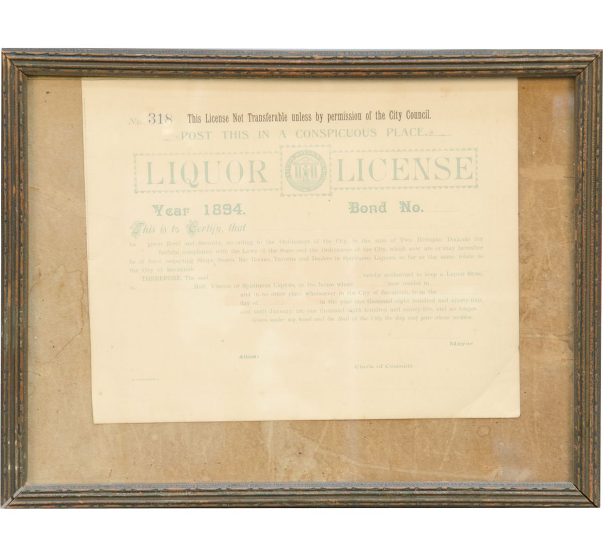 1894 Savannah, Ga Liquor License in Frame