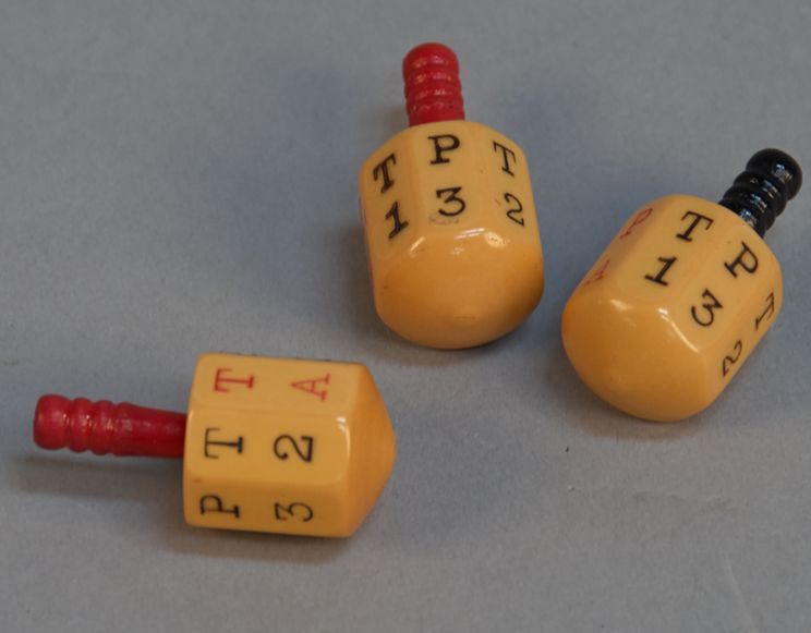 Lot of 3 Small Celluloid Put and Take Game Spinner Tops