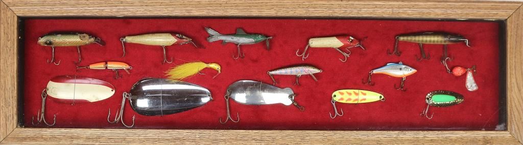 Oak shadow box fishing lure collection