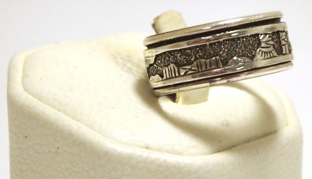 Navajo Spinner Sterling Silver Pueblo Scene Men's Ring - Elaine Becenti