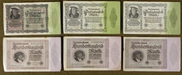 6 PIECES OF PRE-NAZI GERMAN INFLATION CURRENCY-1920