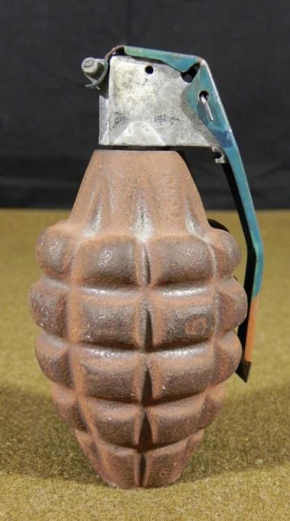 WWII PINEAPPLE FRAGMENT GRENADE-INERT-DRILLED FUSE M228