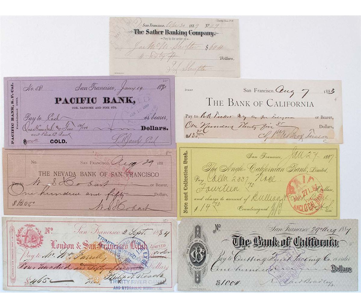 1880's SAN FRANCISCO CHECK LOT, 1880- 1889 GROUP OF 7: Pacific Bank ...