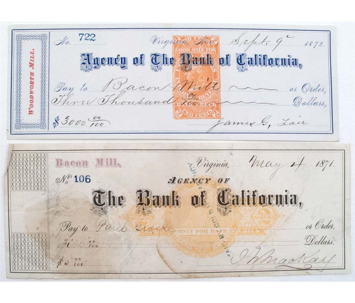 BANK CHECKS FROM THE BANK Of CALIFORNIA,LOT OF 2, DATED 1871-1872 ...