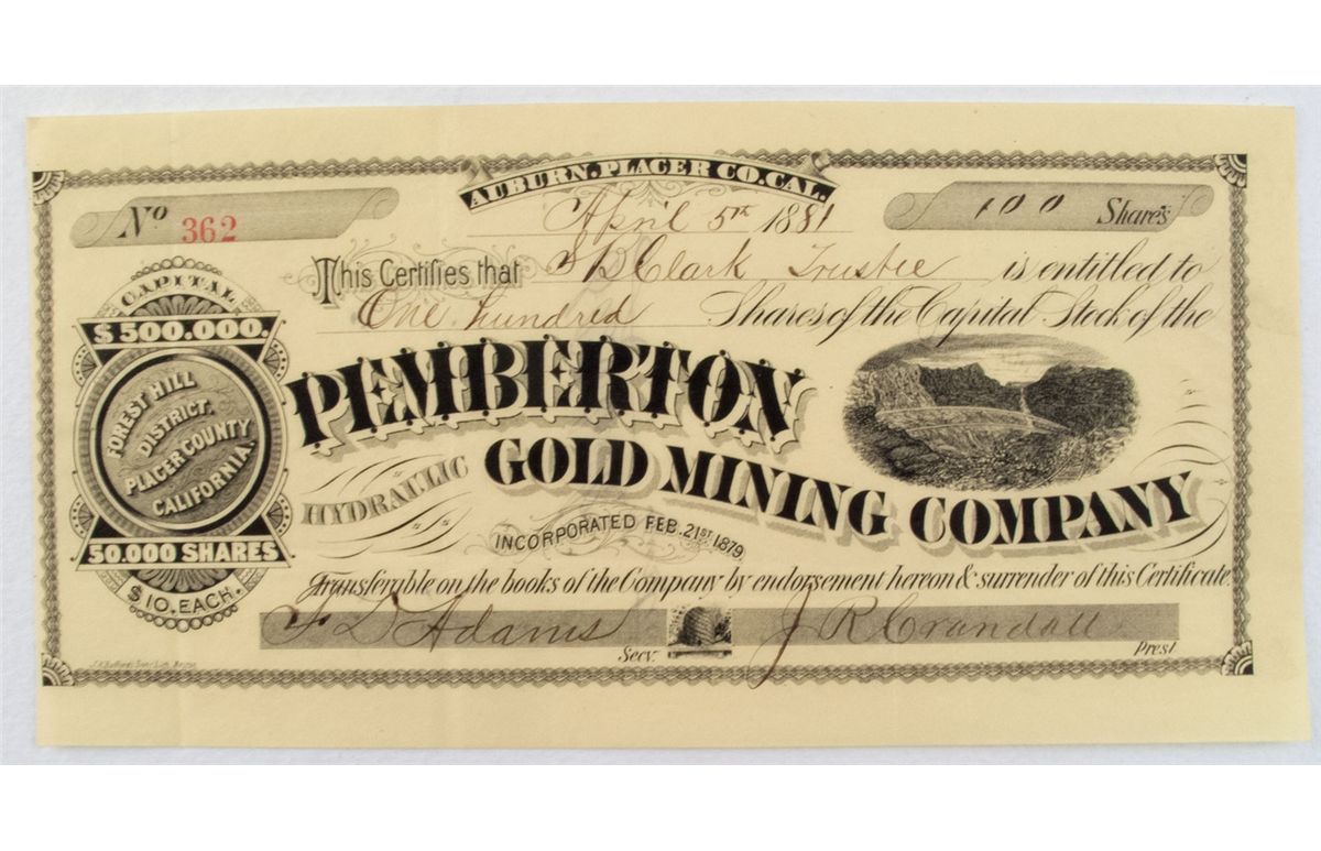 Pemberton Hydraulic Gold Mining Company Stock