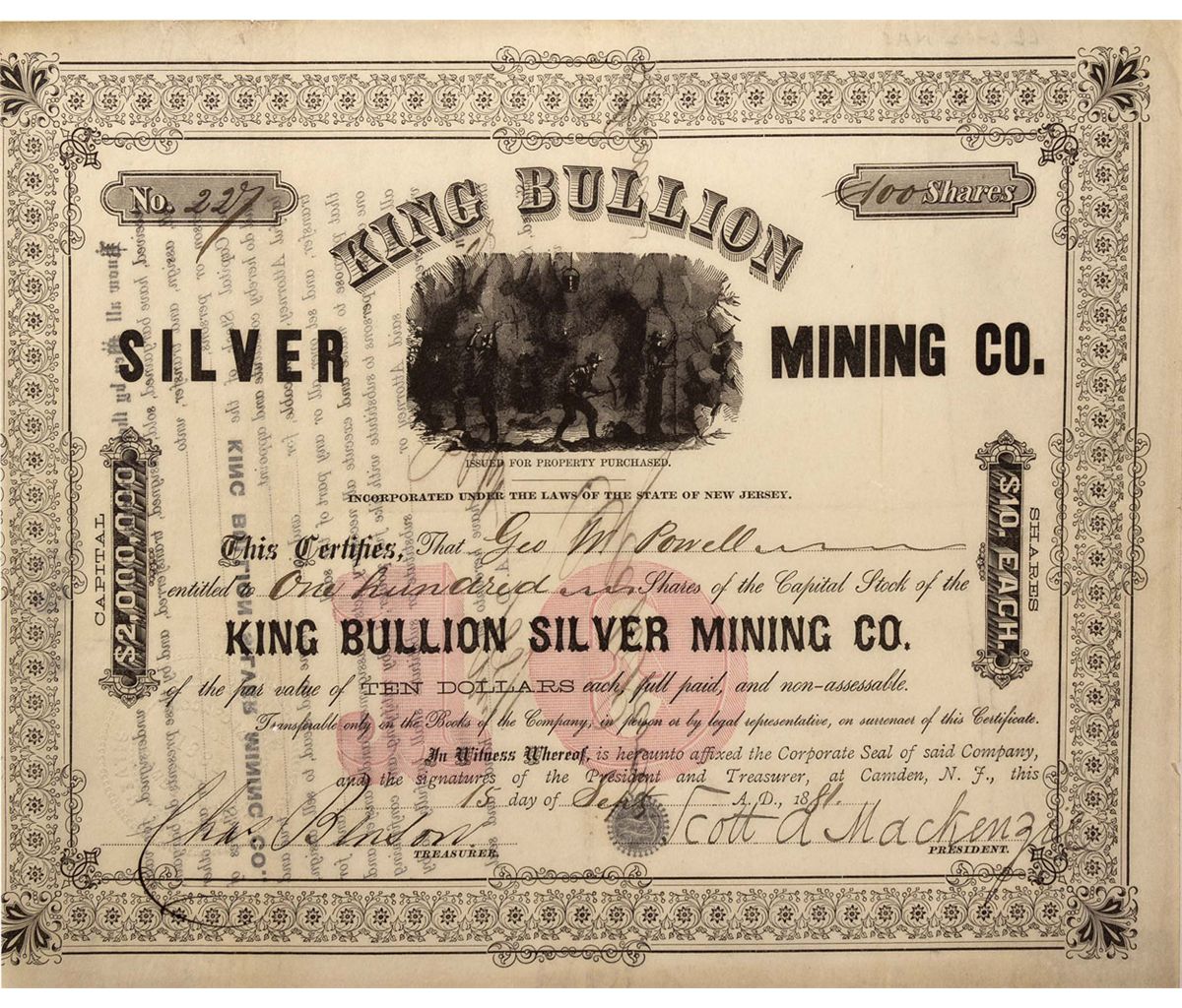 King Bullion Silver Mining Co. Stock Certificate