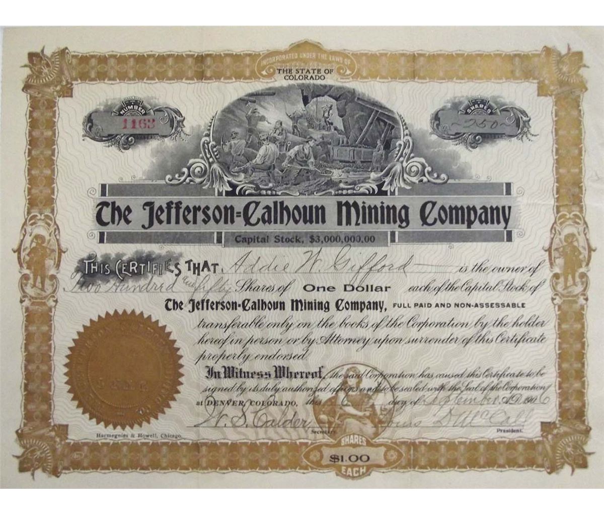 Jefferson-Calhoun Mining Company. Issued to Addie W Gifford, signed by ...
