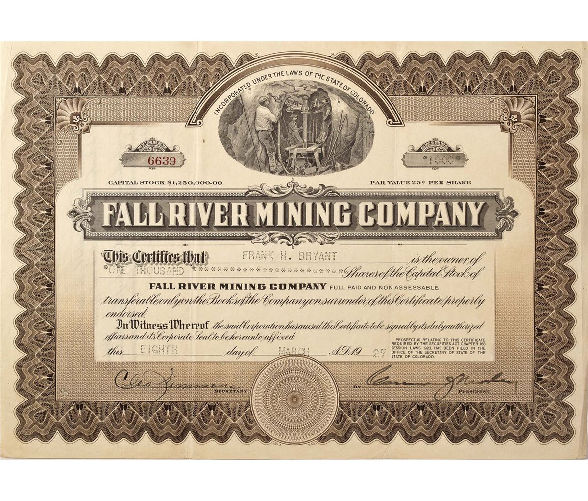 Fall River Mining Company Stock Certificate
