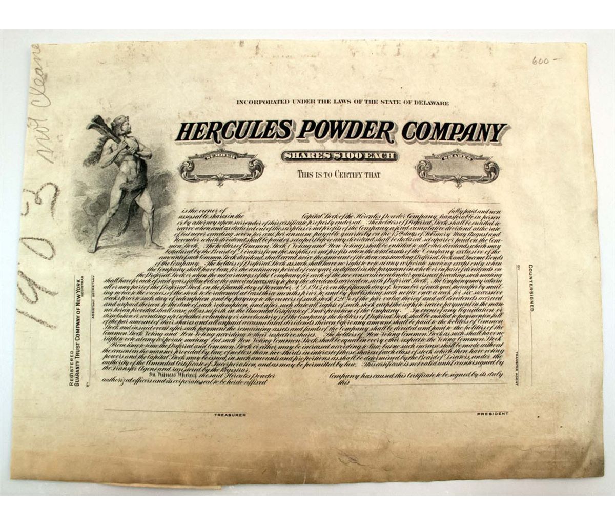 Hercules Powder Company Stock Certificate- Original 1903 un issued - rare