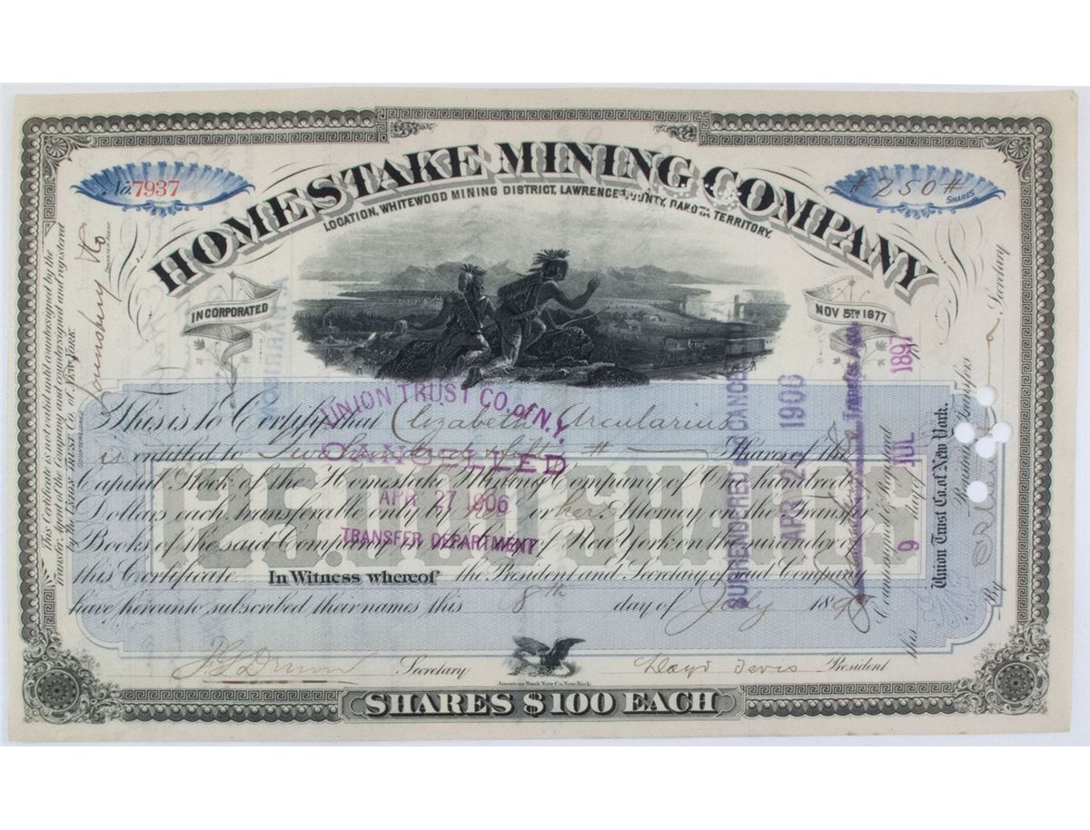 Homestake Mining Company Stock, Signed by Lloyd Tevis