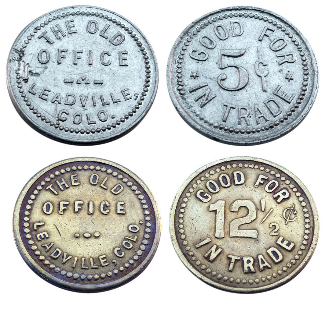 Pair of Saloon Tokens from Leadville-THE OLD OFFICE/GOOD FOR 5 cents IN ...