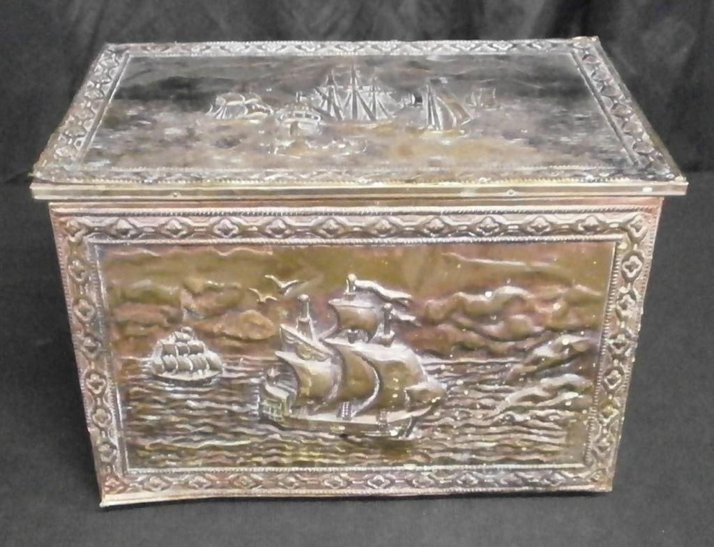 Brass Over Wood Sailing Ships Motif Storage Box