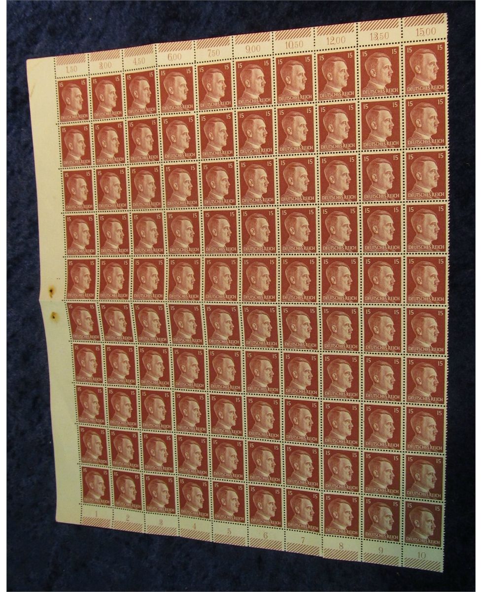 14. Uncut Sheet of (100) 15 Pfennig World War II Nazi Stamps depicting ...