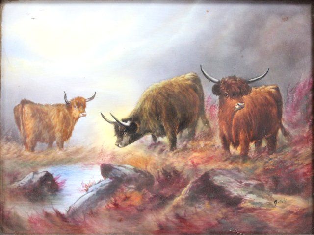 Crown Devon Highland "Cattle" plaque signed G Cox