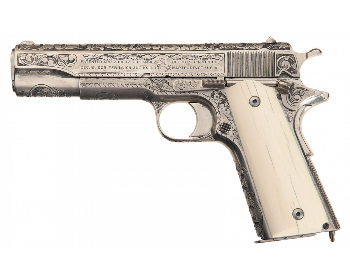 Engraved Colt Model 1911 Semi-Automatic Pistol with Ivory Grips