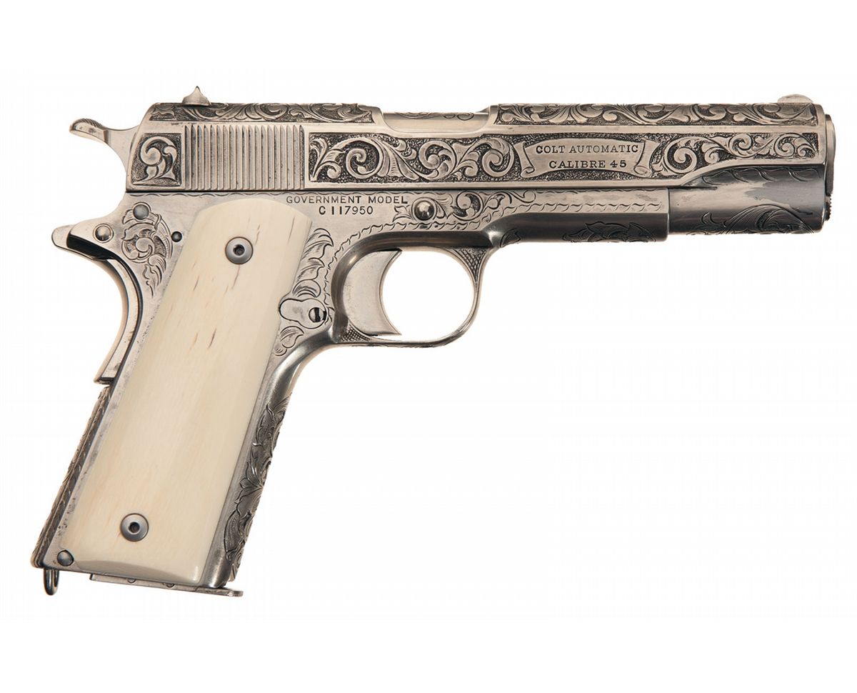 Engraved Colt Model 1911 Semi-Automatic Pistol with Ivory Grips