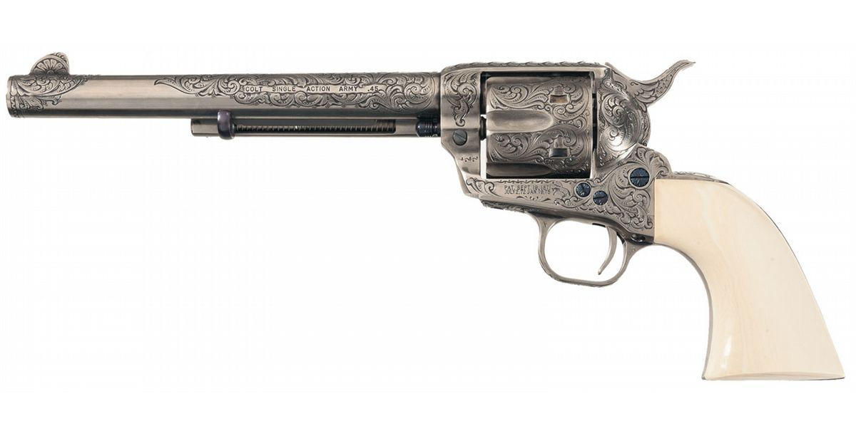 Engraved Colt Single Action Army Revolver with Ivory Grips