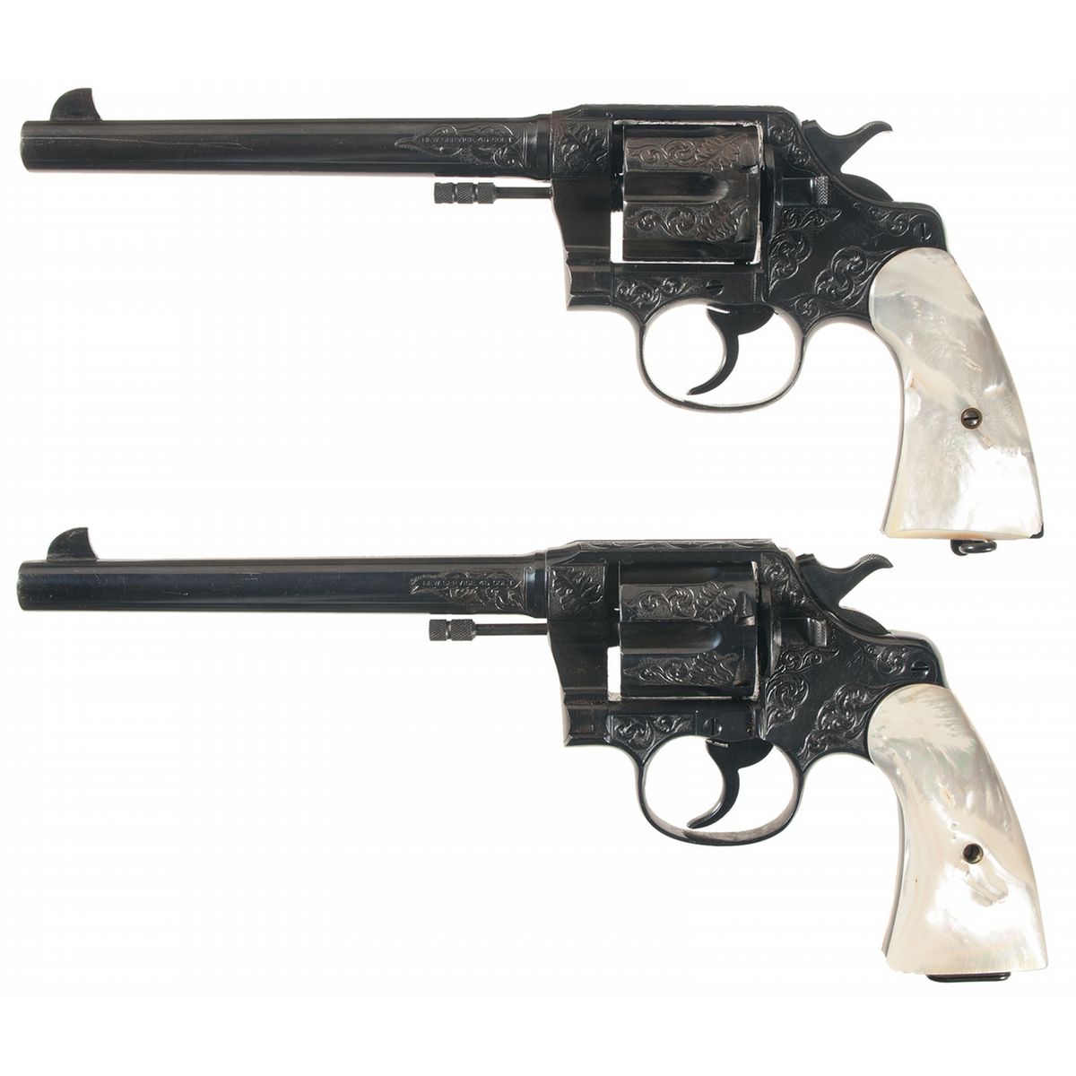 Two Engraved, Pearl Handled Colt New Service Double Action Revolvers