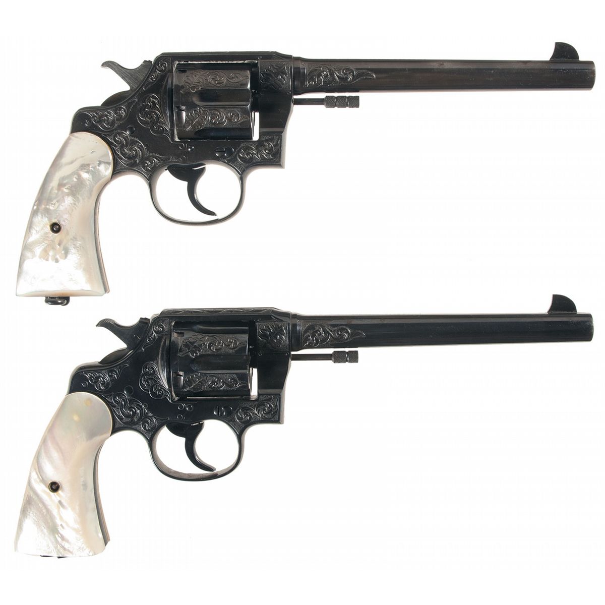 Two Engraved, Pearl Handled Colt New Service Double Action Revolvers