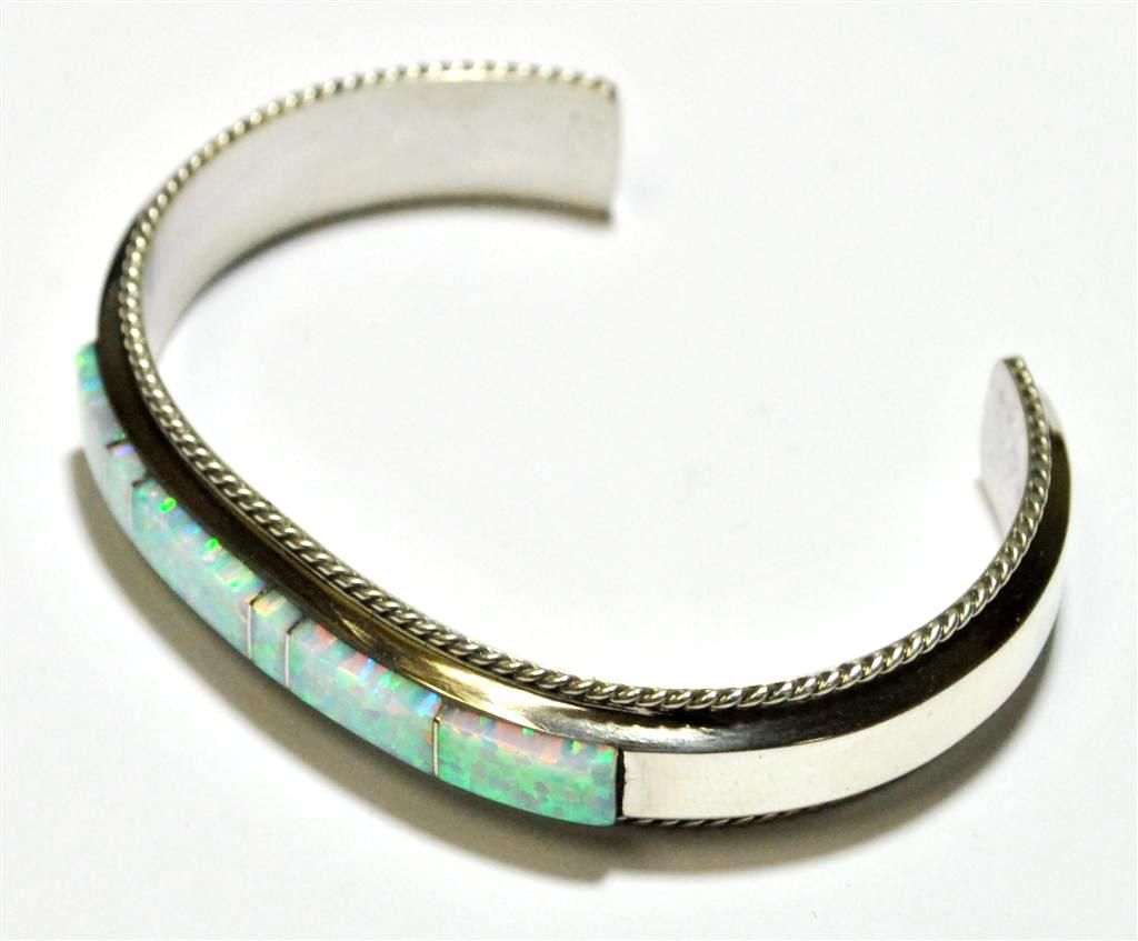 Navajo Opal Inlay Sterling Silver Cuff Bracelet - Fran Yazzie