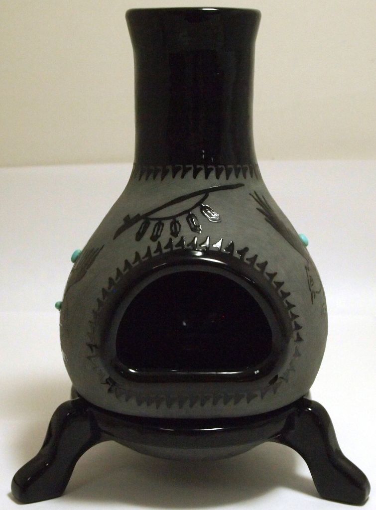 San Juan Pueblo Black Pottery Kiln/Oven Candleholder with Eagles ...