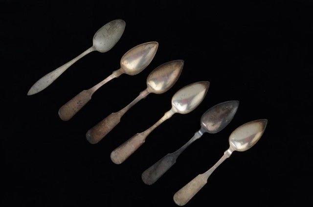 Lot of 6 early American style spoons in coin silver or possibly ...