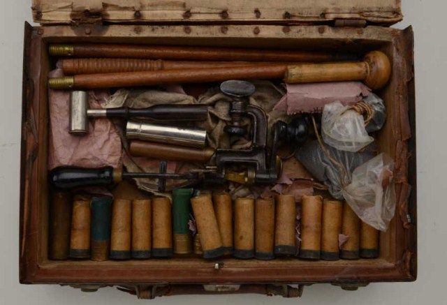Antique leather covered wood shotgun reloading tool box with tools ...