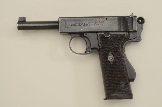 Webley large frame semi-auto pistol, .455 cal., 3-1/2” barrel, blue ...