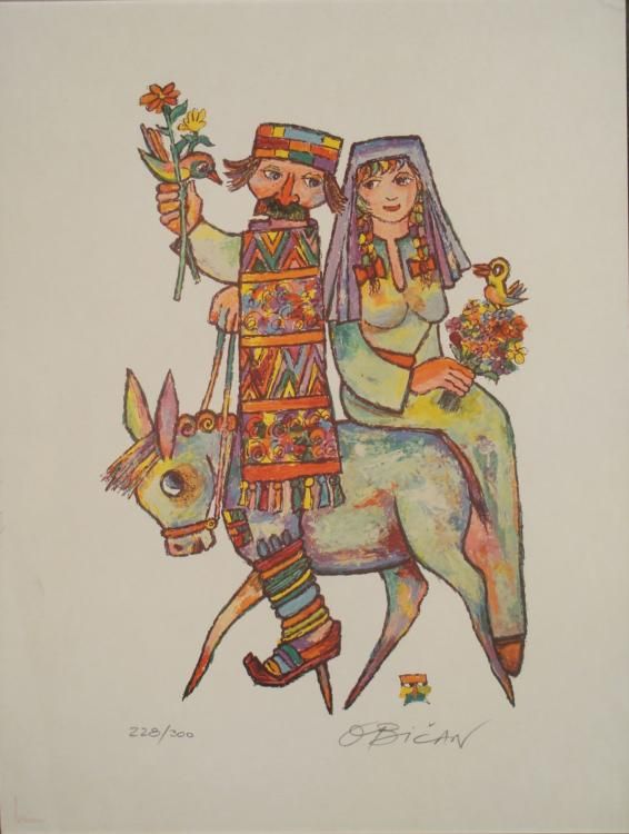 Jovan OBican Signed Art Print Couple on Donkey
