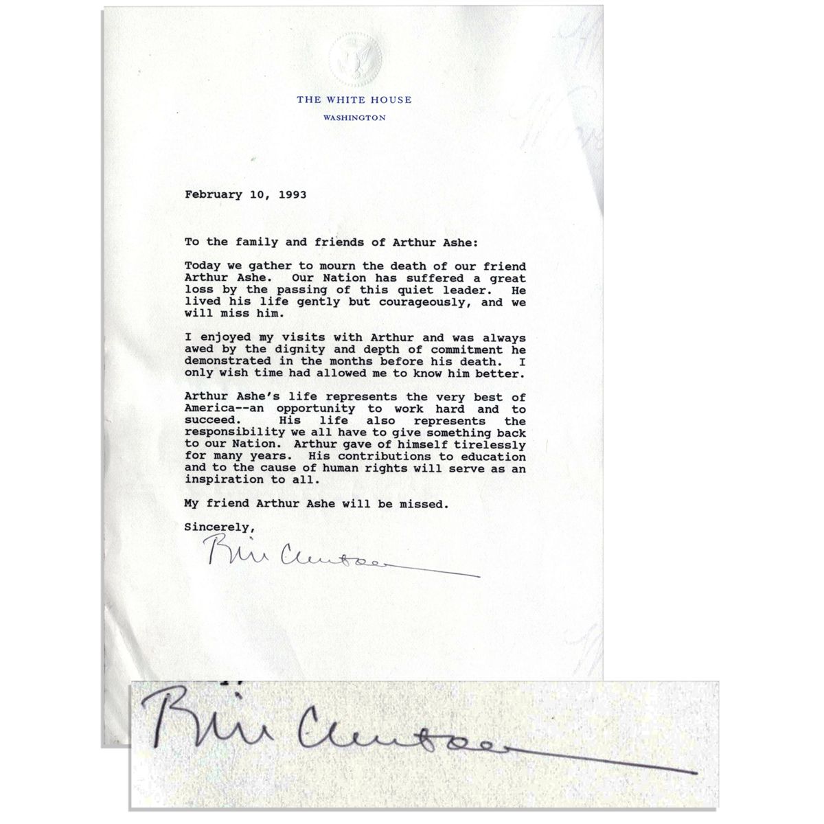 Bill Clinton Typed Letter Signed on White House Stationery Offering ...