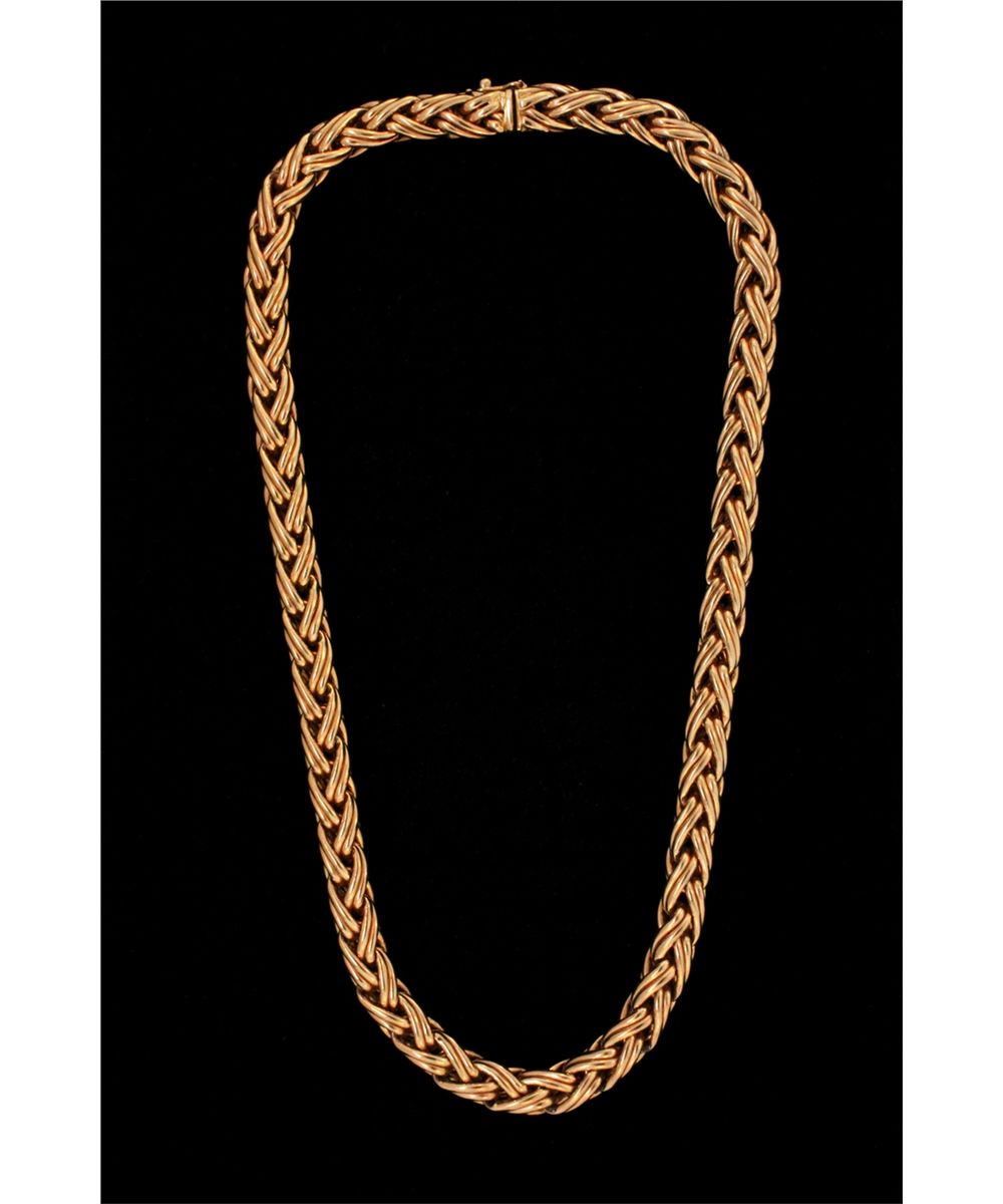 CHAIN: (1) 14ky wheat link necklace 15" long 7mm wide. Hallmarked Z&F ...