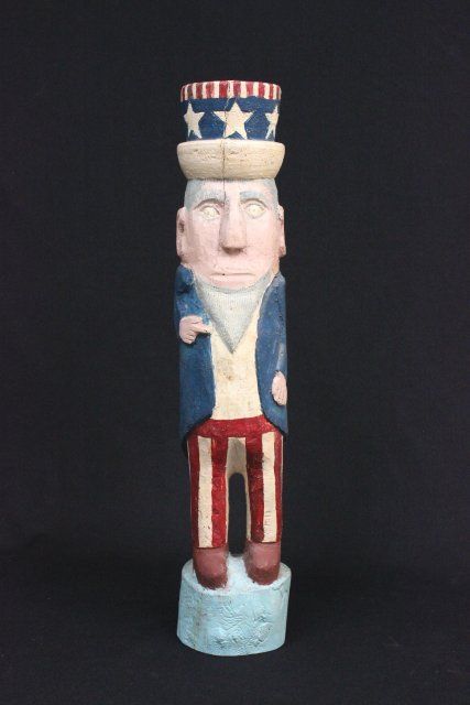 "Uncle Sam" painted wood carving signed