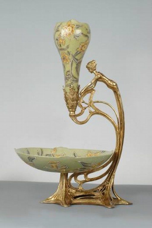 PORCELAIN VASE & SERVER W/ BRASS SCULPTURE