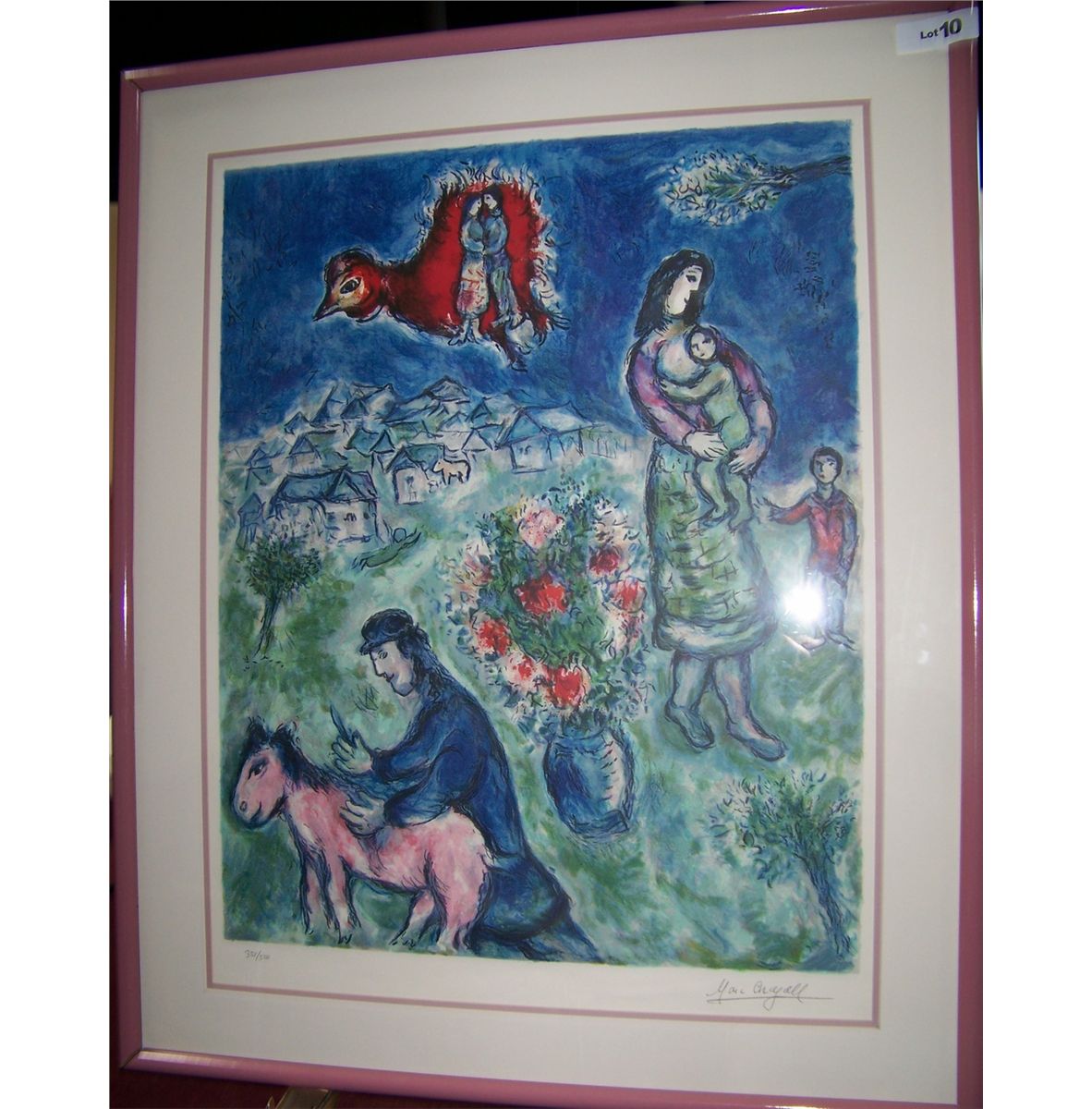 MARC CHAGALL LITHOGRAPH #351/500 FRAMED & FACSIMILE SIGNED.