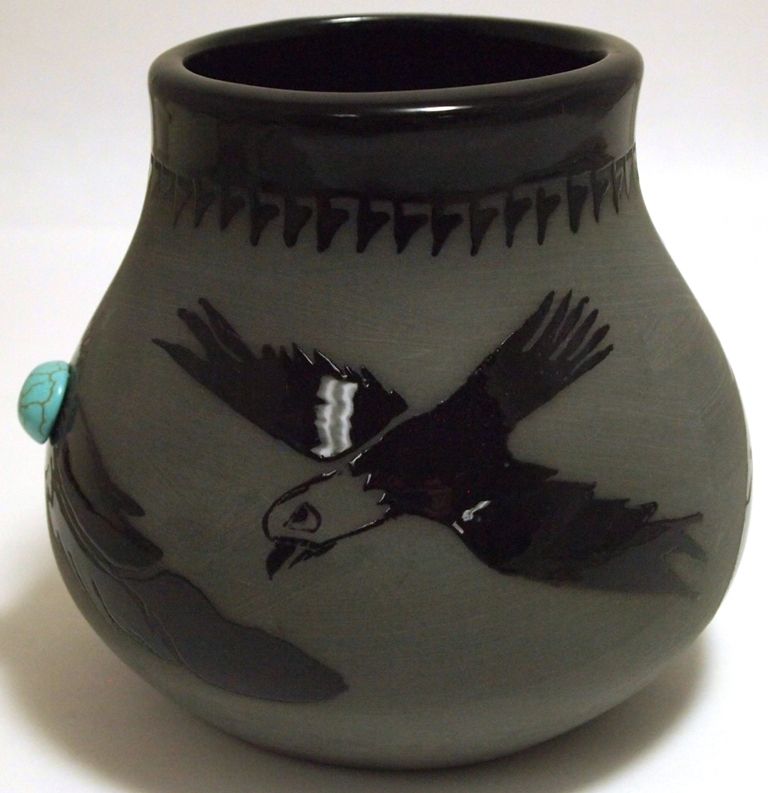 San Juan Pueblo Black Pottery Eagle & Feathers with Turquoise - Marie ...