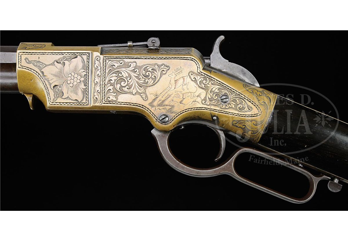 SCARCE ENGRAVED HENRY MODEL 1860 LEVER ACTION RIFLE WITH ROSEWOOD STOCK.