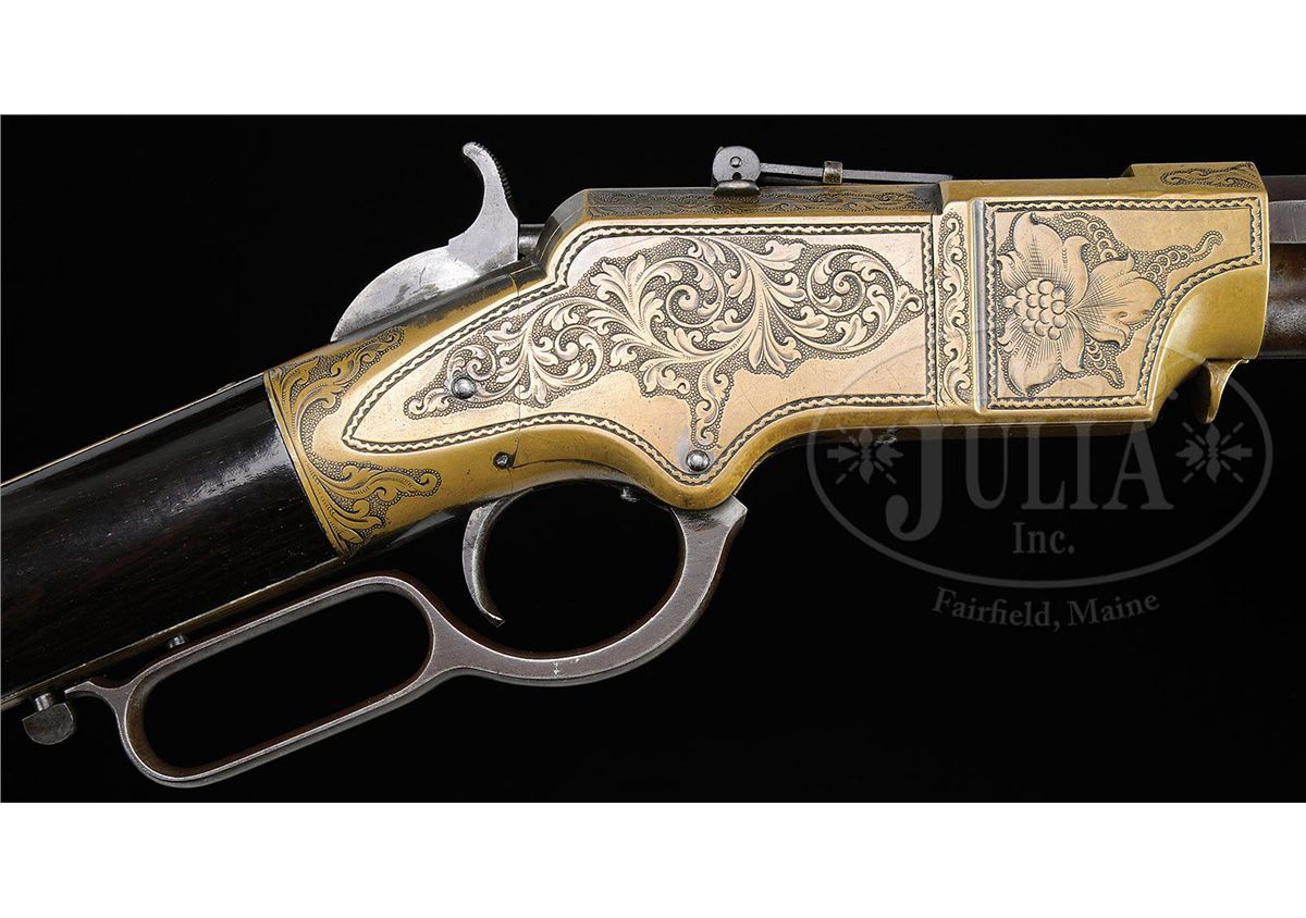 SCARCE ENGRAVED HENRY MODEL 1860 LEVER ACTION RIFLE WITH ROSEWOOD STOCK.
