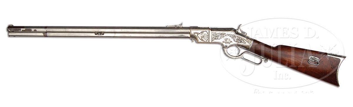 EXTREMELY RARE FULL NICKEL ENGRAVED HENRY MODEL 1860 LEVER ACTION RIFLE.