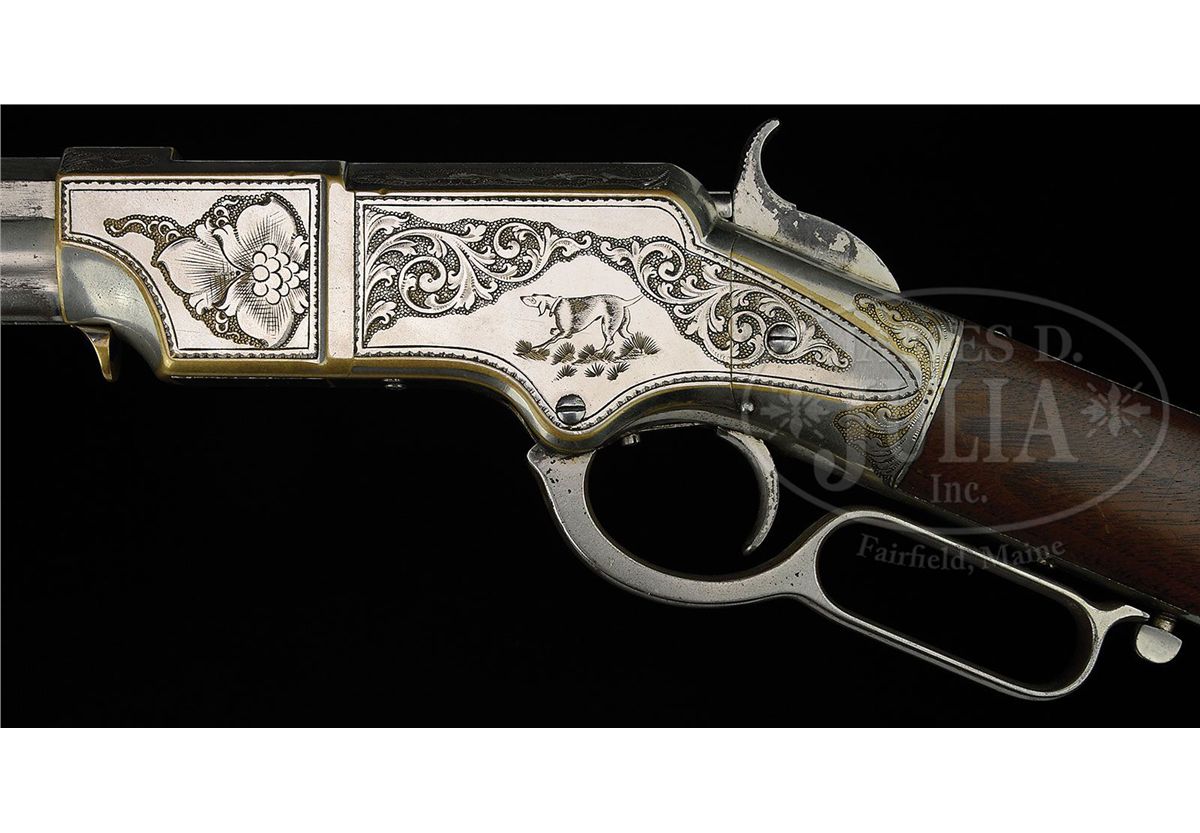 EXTREMELY RARE FULL NICKEL ENGRAVED HENRY MODEL 1860 LEVER ACTION RIFLE.