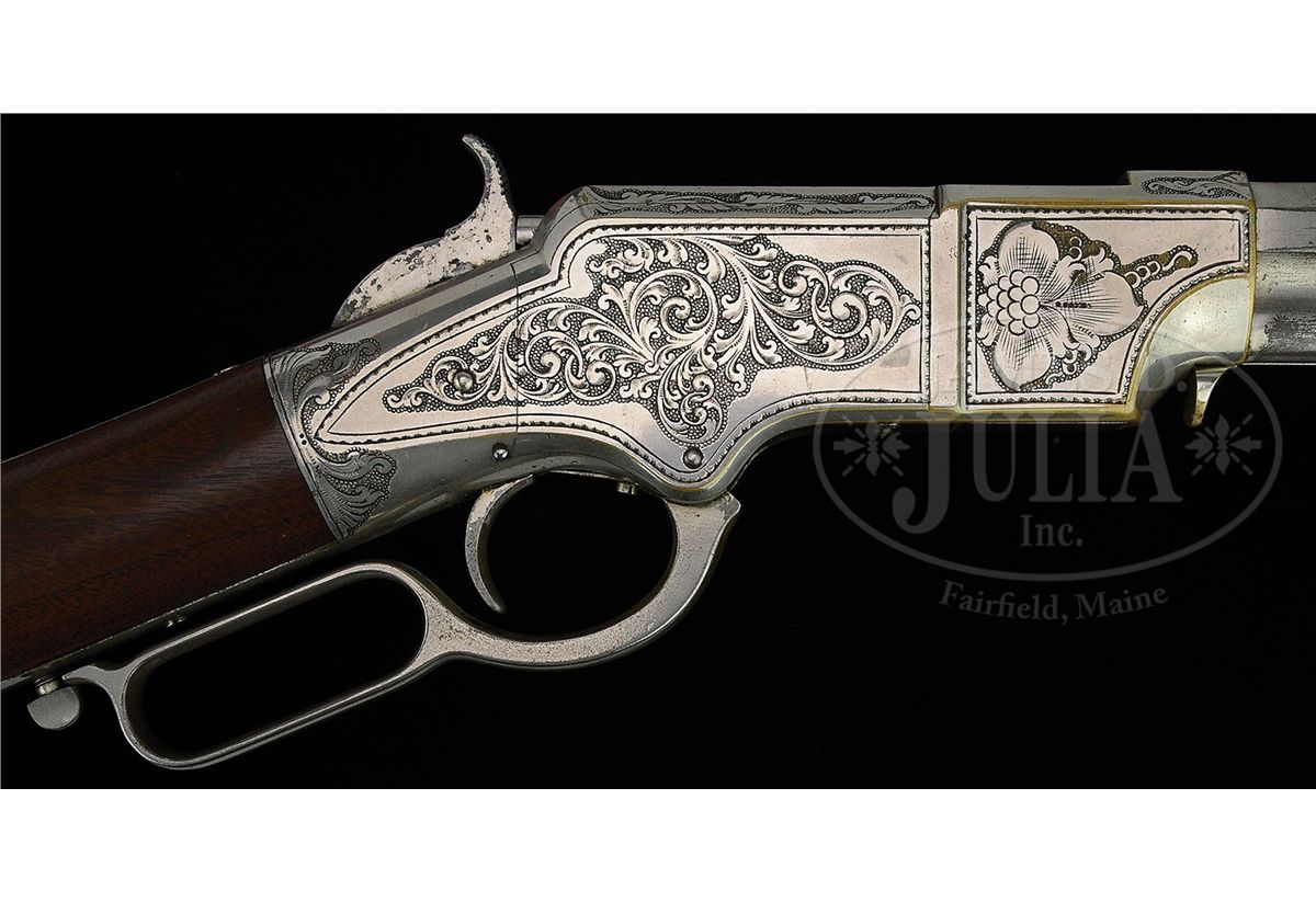 EXTREMELY RARE FULL NICKEL ENGRAVED HENRY MODEL 1860 LEVER ACTION RIFLE.